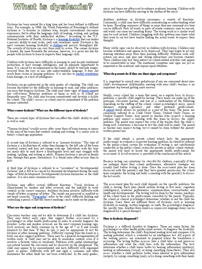 Dyslexia signs and diagnosis in children | PDF | Dyslexia | Learning Disability