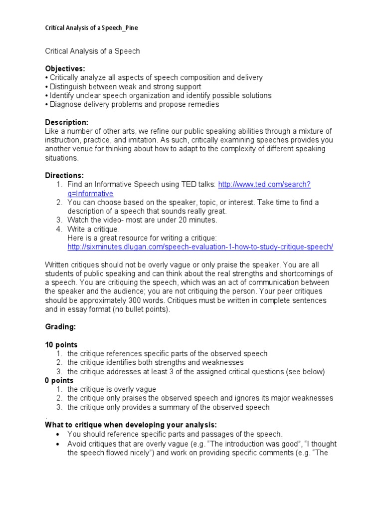 Speech Analysis and Critique Guide | PDF | Speech | Public Speaking