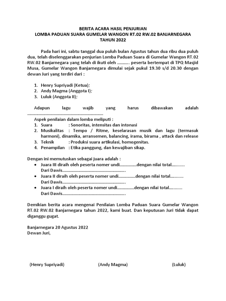 Berita Acara Hasil Penjurian | PDF
