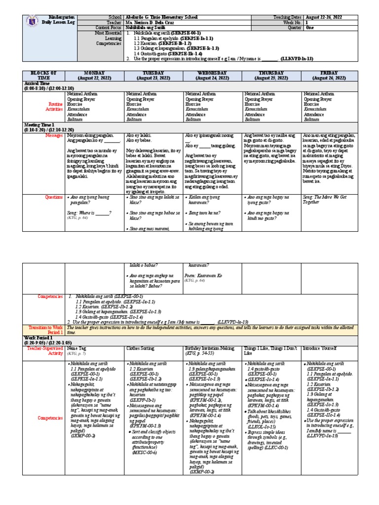 Kindergarten DLL MELC Q1 Week 1 Asf | PDF