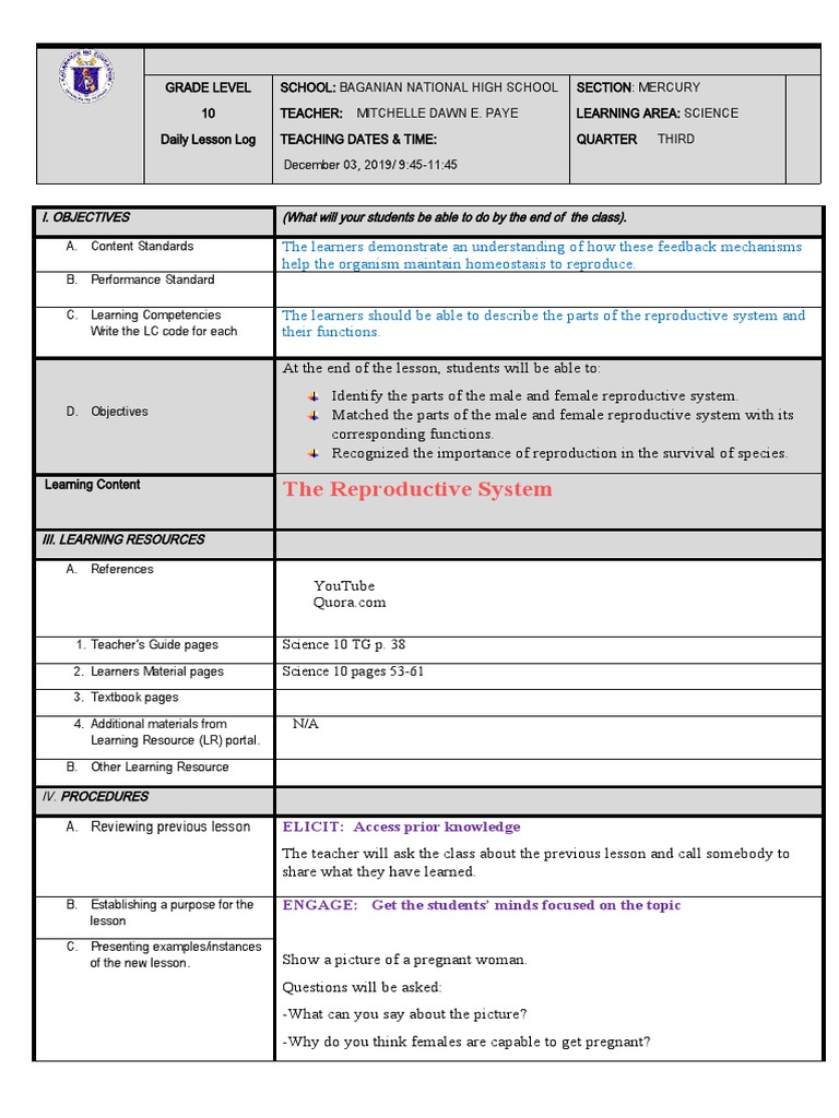 The Reproductive System: I. Objectives (What Will Your Students Be Able ...