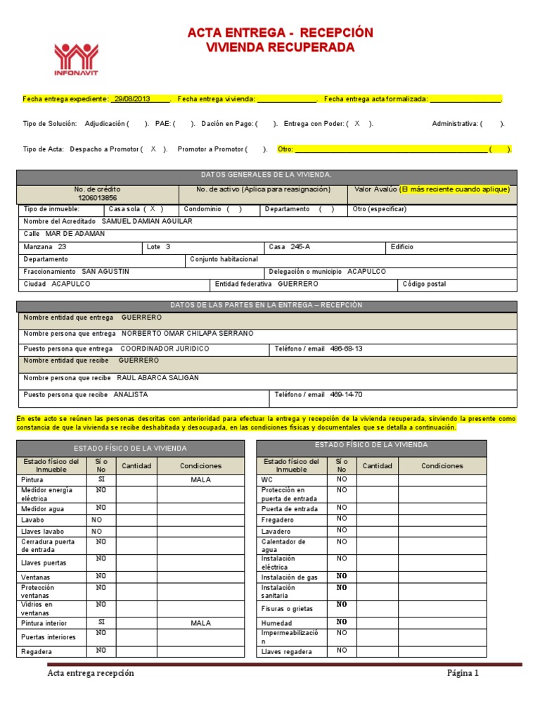 Acta de Entrega de Vivienda Infonavit | PDF | Ley de Tierras | Propiedad