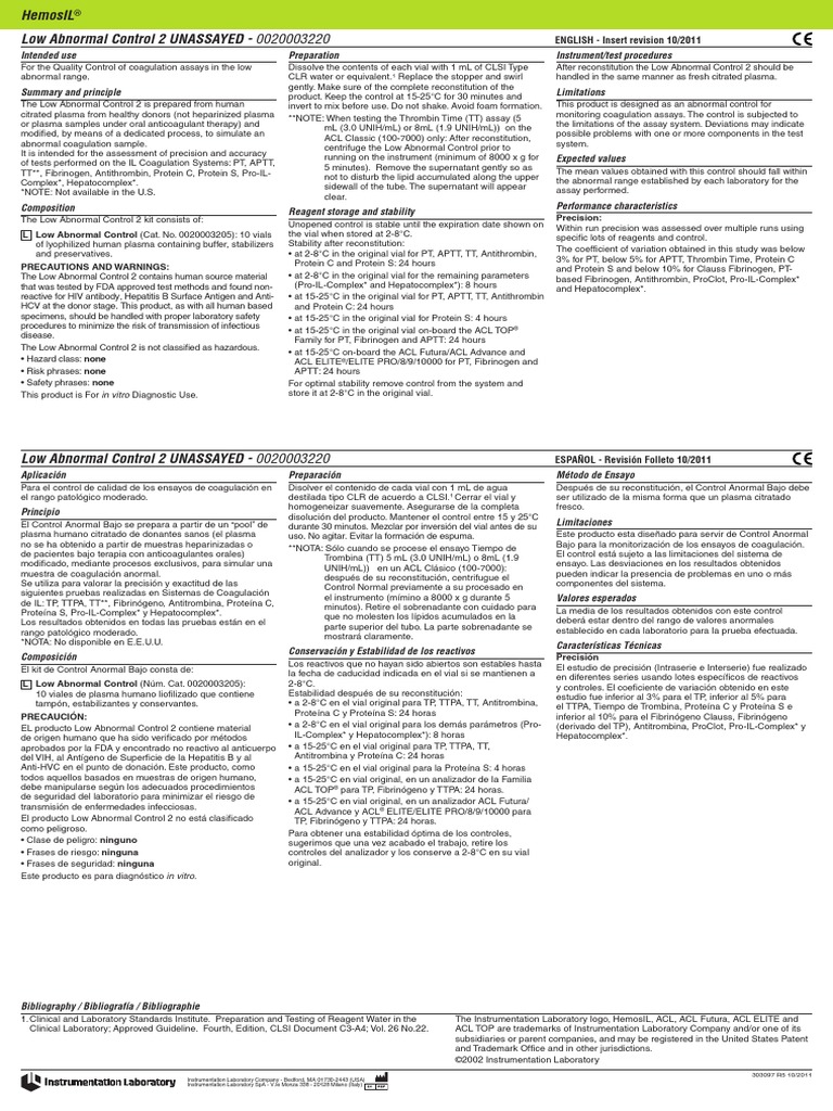 L Low Abnormal Control (Cat. No. 0020003205) : 10 Vials Precision | PDF ...