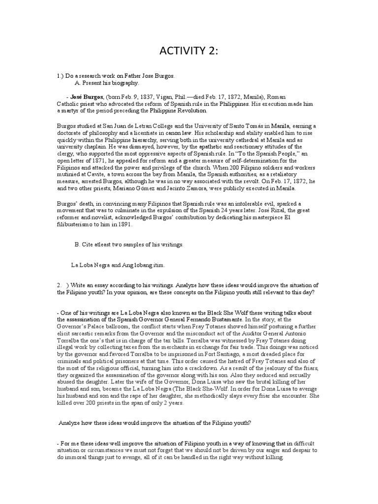Activity 2:: 1.) Do A Research Work On Father Jose Burgos | PDF