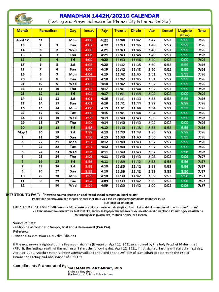 Ramadhan 1442H/2021G Calendar: Fasting and Prayer Times for Marawi City ...