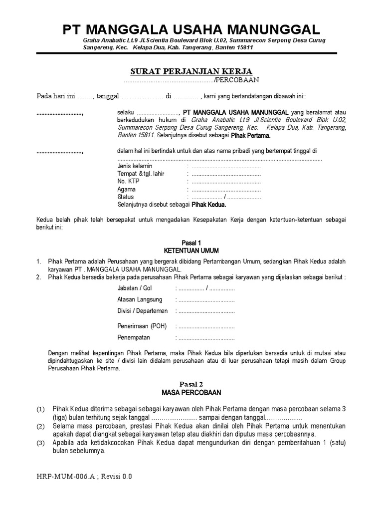 Form - 006.A - HRP-MUM - Format SPK Percobaan 3 Bulan | PDF