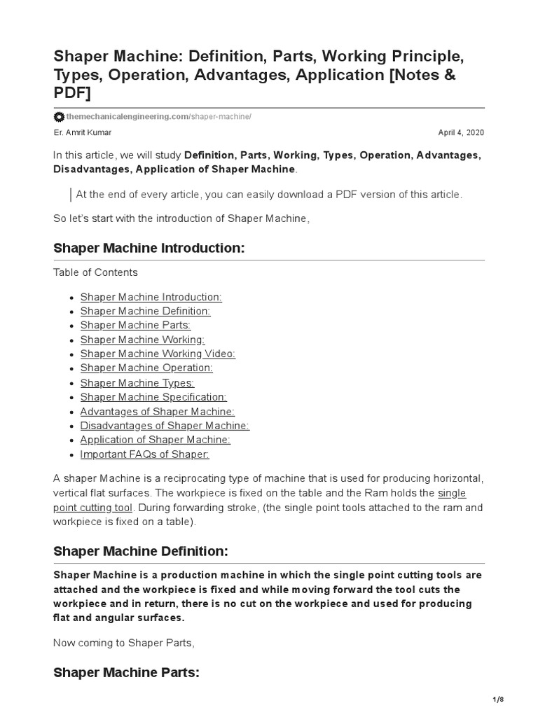 Shaper Machine: Definition, Parts, Working Principle, Types, Operation, Advantages, Application ...
