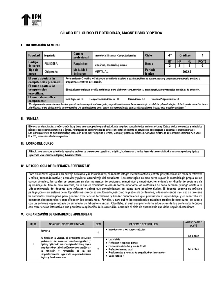 Sílabo Del Curso Electricidad, Magnetismo y Óptica | PDF | Óptica | Electricidad