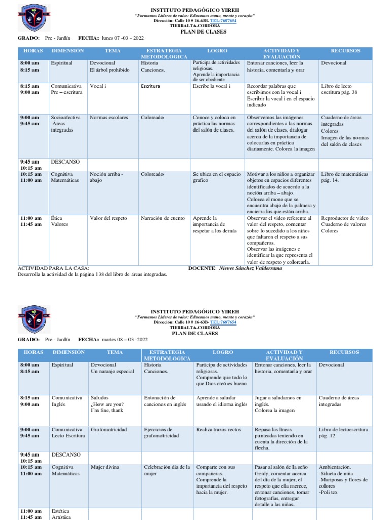 PLAN DE CLASES Semanal | PDF