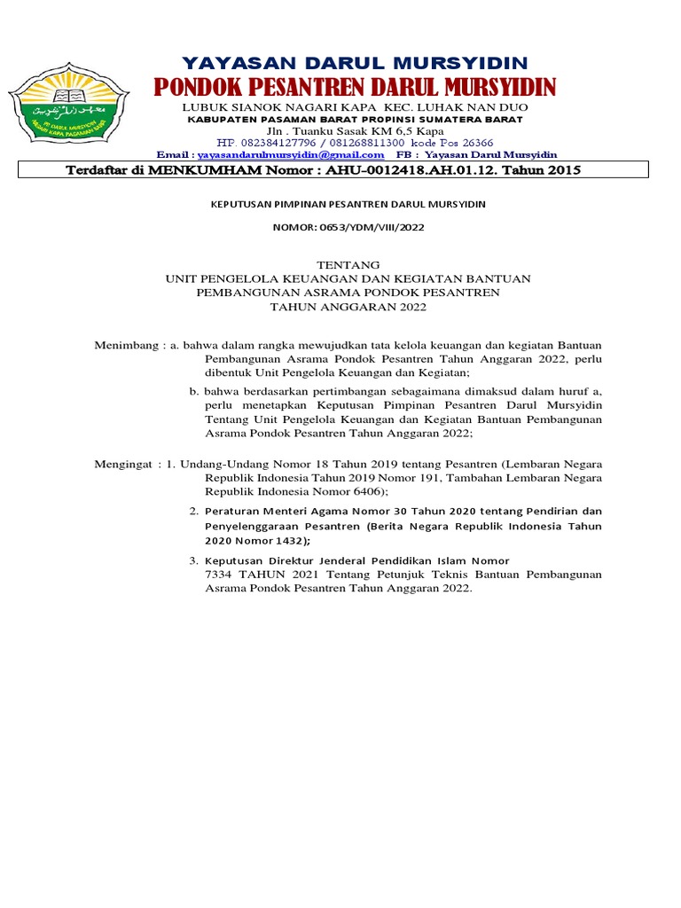 Keputusan Pengelolaan Keuangan Pesantren 2022 | PDF