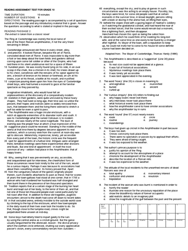 Reading Assessment Test For Grade 10: No. of Right Answers 0 1 2 3 4 5 ...