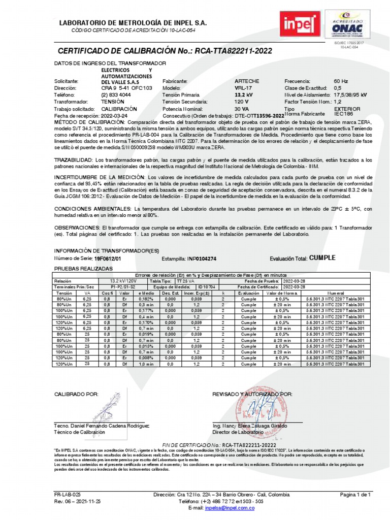 Certificado Calibracion Tps | PDF | Calibración | Metrología