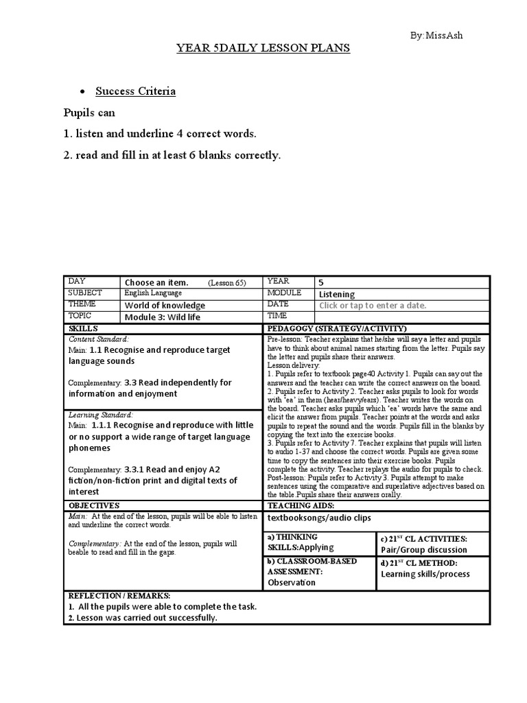 Year 5daily Lesson Plans Success Criteria Pupils Can 1. Listen and Underline 4 Correct Words. 2 ...