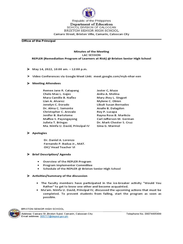 Implementing the REPLER Program: Minutes of the Brixton Senior High ...