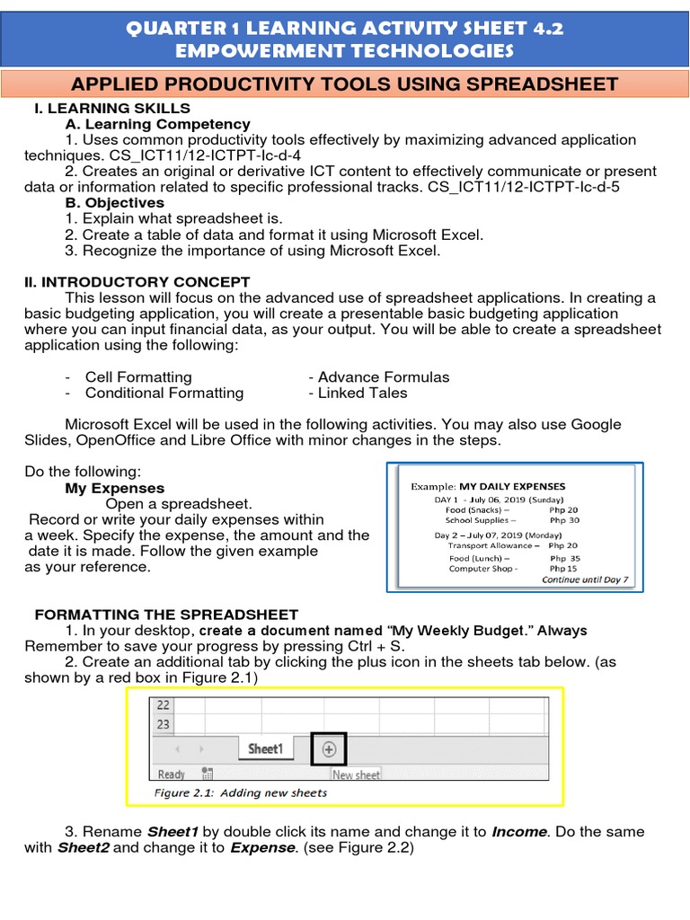 Quarter 1 Learning Activity Sheet 4.2 Empowerment Technologies | PDF | Spreadsheet | Microsoft Excel
