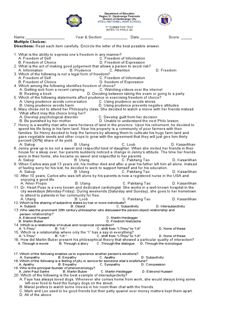 Multiple Choices: Directions: Read Each Item Carefully. Encircle The Letter of The Best Possible ...