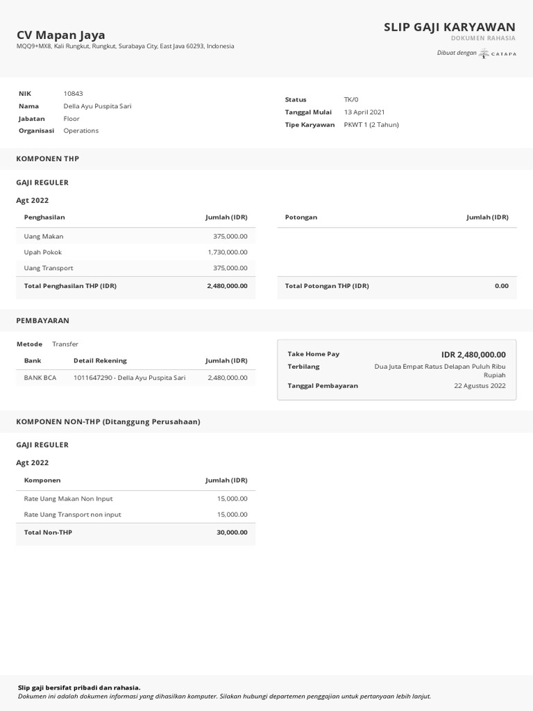 Payslip Salary Della Ayu Puspita Sari 22 Agustus 2022 | PDF