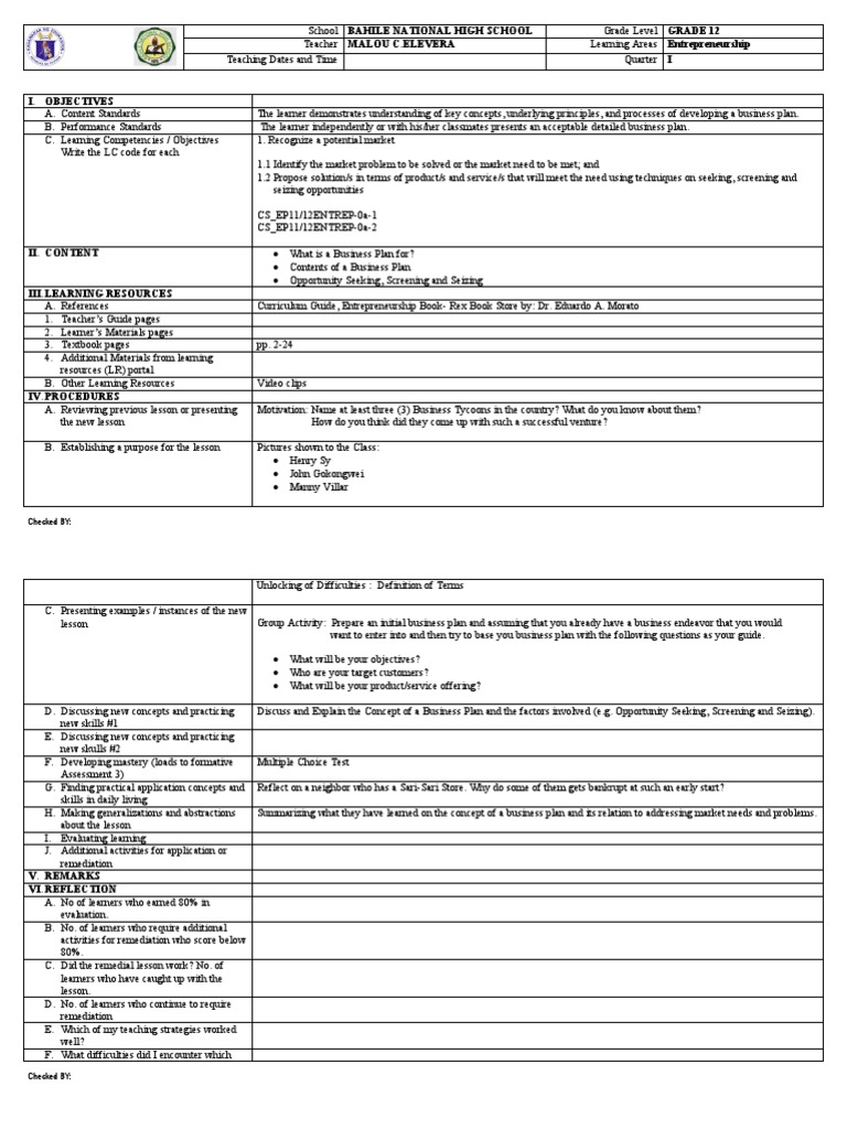 DLL Entrep-12 | PDF | Learning | Teaching Method