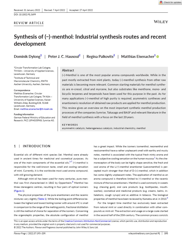 Synthesis of ( ) - Menthol: Industrial Synthesis Routes and Recent ...