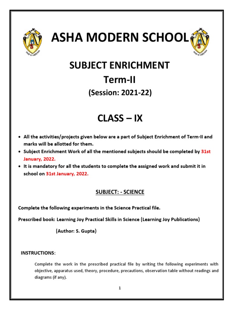 Asha Modern School: Subject Enrichment Term-II | PDF | Circle | Science