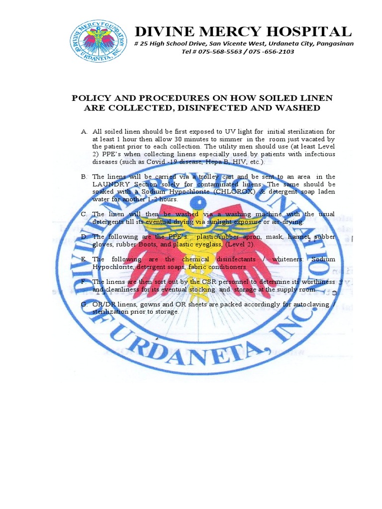 Divine Mercy Hospital: Policy and Procedures On How Soiled Linen Are Collected, Disinfected and ...
