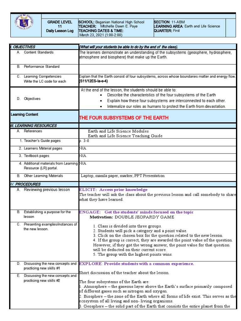 The Four Subsystems of The Earth: I. Objectives (What Will Your ...