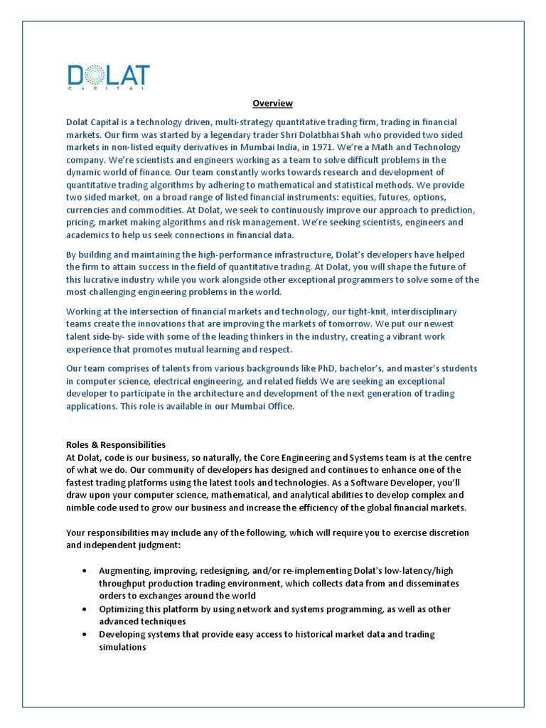 JD - Software Developer C++ | PDF | Algorithmic Trading | Computer ...