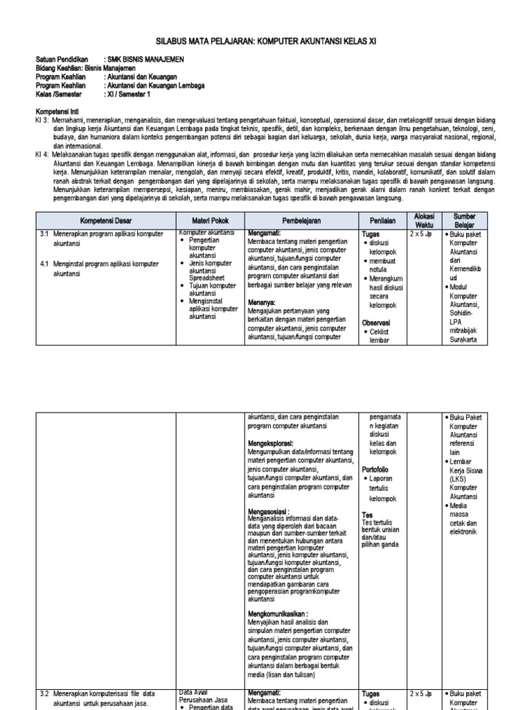 Silabus Komputer Akuntansi Kelas XI | PDF
