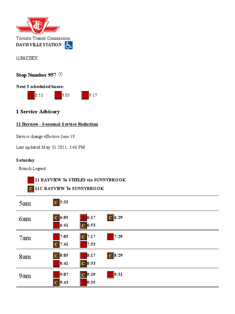 TTC Schedule For Route 11n, Davisville Station, Saturday | PDF