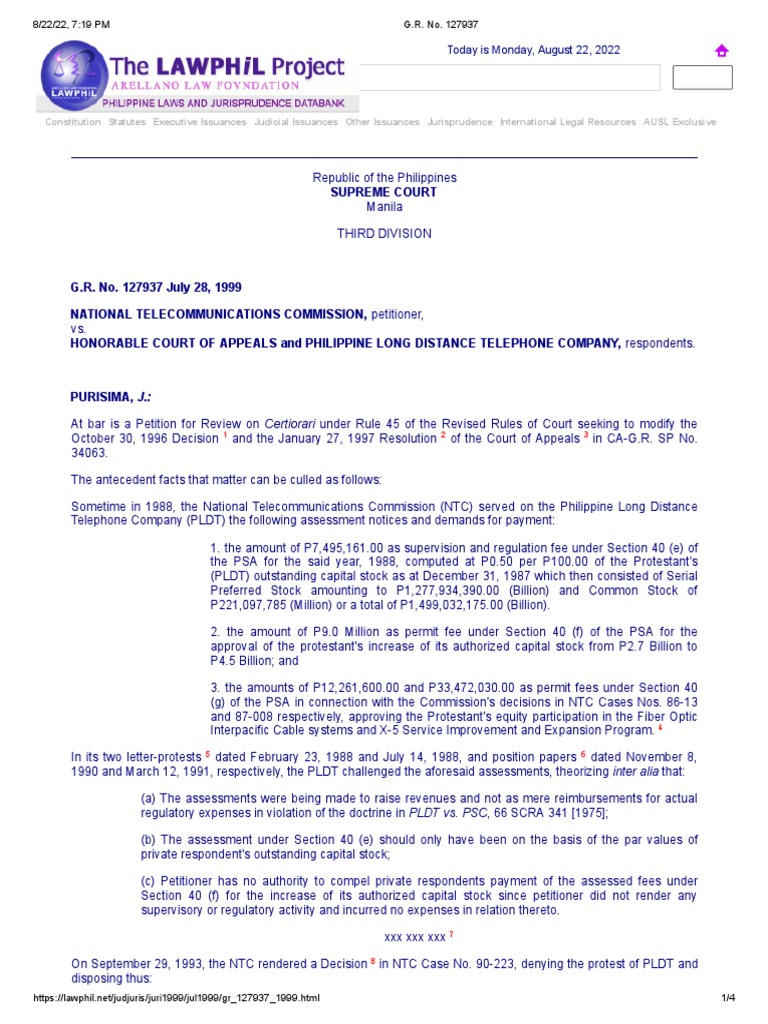 NTC v. CA, 311 SCRA 508 - G.R. No. 127937 | PDF | Stocks | Dividend