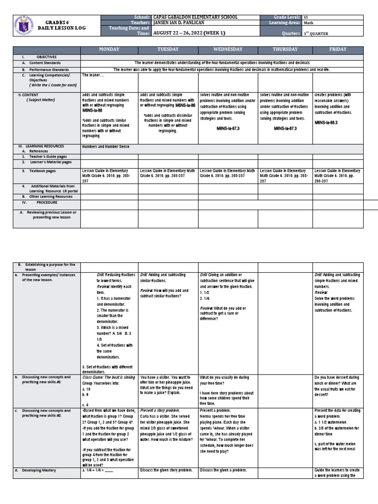 Monday Tuesday Wednesday Thursday Friday: Grades 6 Daily Lesson Log AUGUST 22 - 26, 2022 (WEEK 1 ...