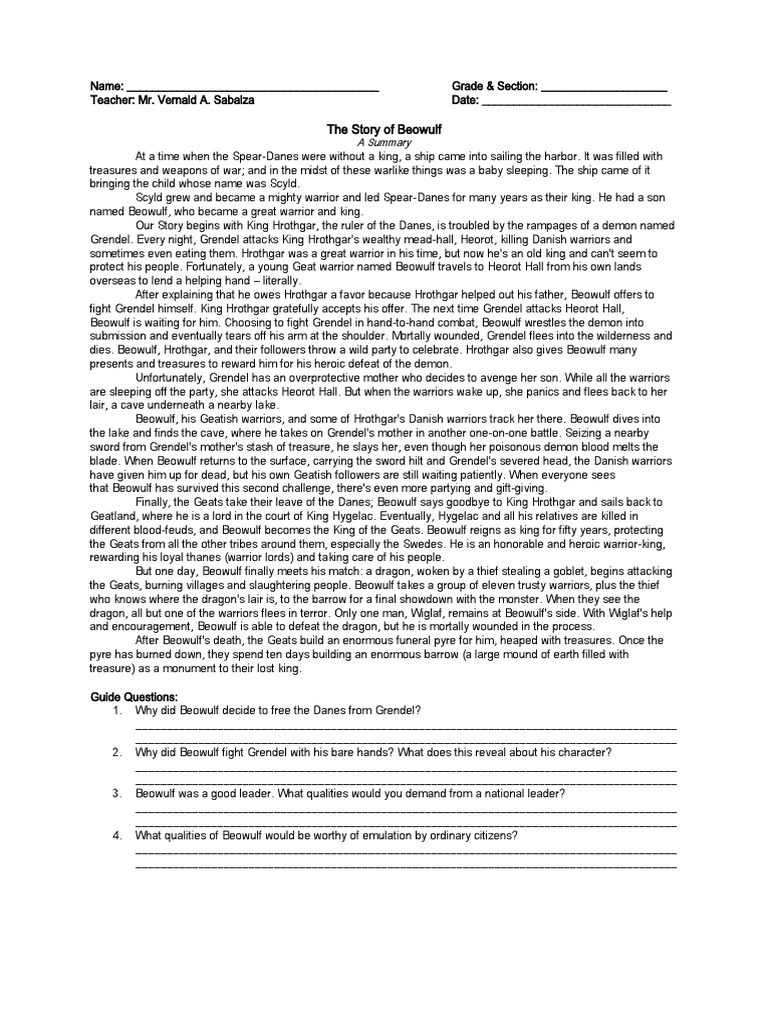 The Story of Beowulf: A Summary | PDF | Beowulf | Old English Poems