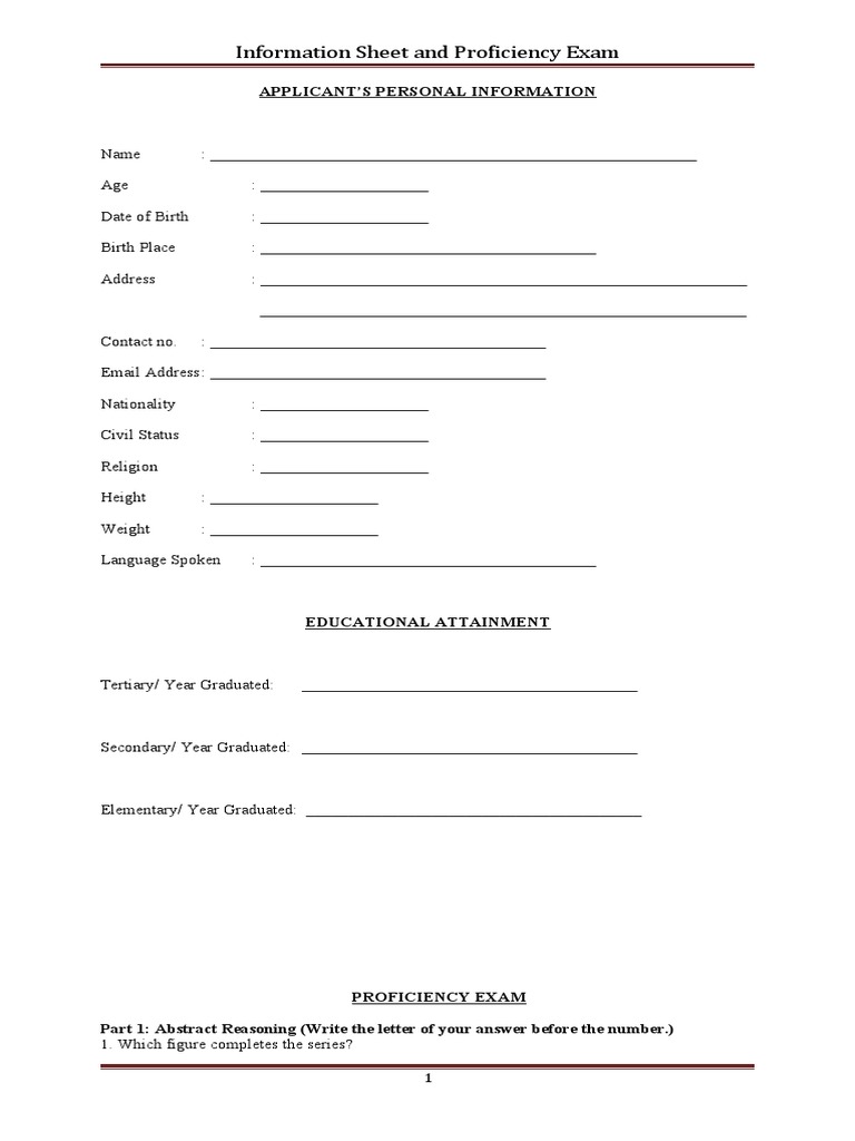 Information Sheet and Proficiency Exam: Applicant'S Personal Information | PDF | Magenta