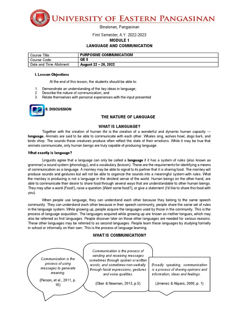 Module 1 Language and Communication | PDF | Communication | Nonverbal Communication