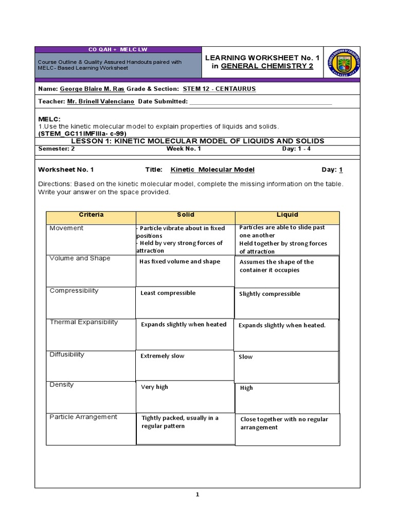 George Blaire Ras - WEEK 1 Worksheet | PDF | Intermolecular Force ...
