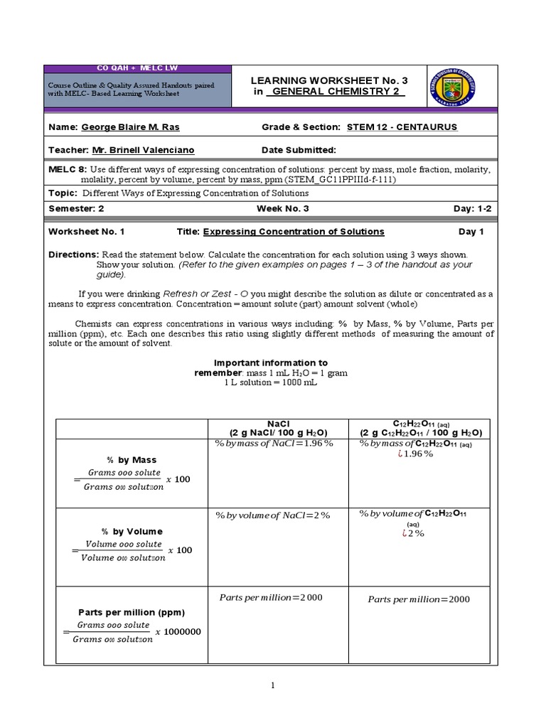 Expressing Concentration and Performing Stoichiometry Calculations: A Chemistry Worksheet on ...