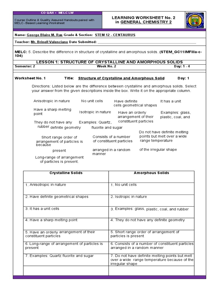 George Blaire Ras - WEEK 2 Worksheet | PDF | Phase (Matter) | Phase Diagram