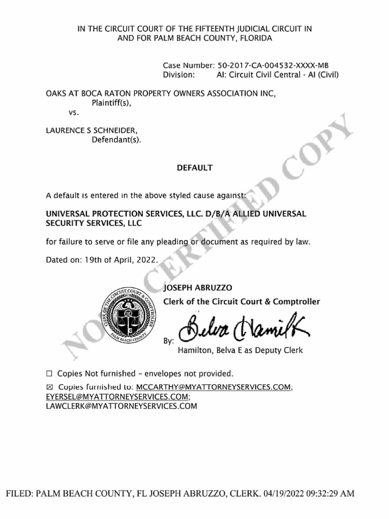 Default: Filed: Palm Beach County, FL Joseph Abruzzo, Clerk. 04/19/2022 ...