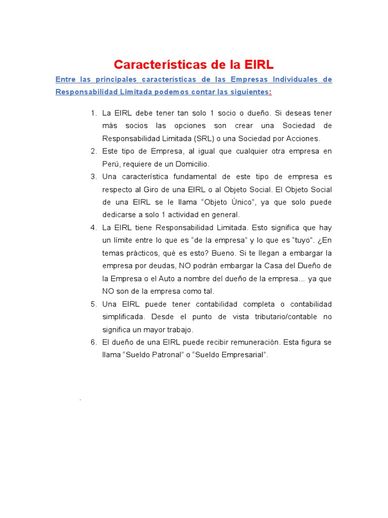Caracteristicas de La EIRL | PDF