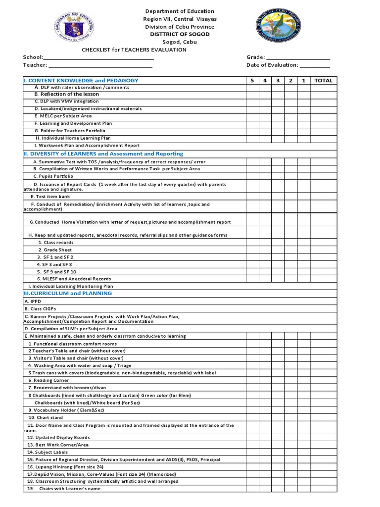 Suggested Checklist For Teacchers Eval 2021 | PDF | Classroom | Teachers