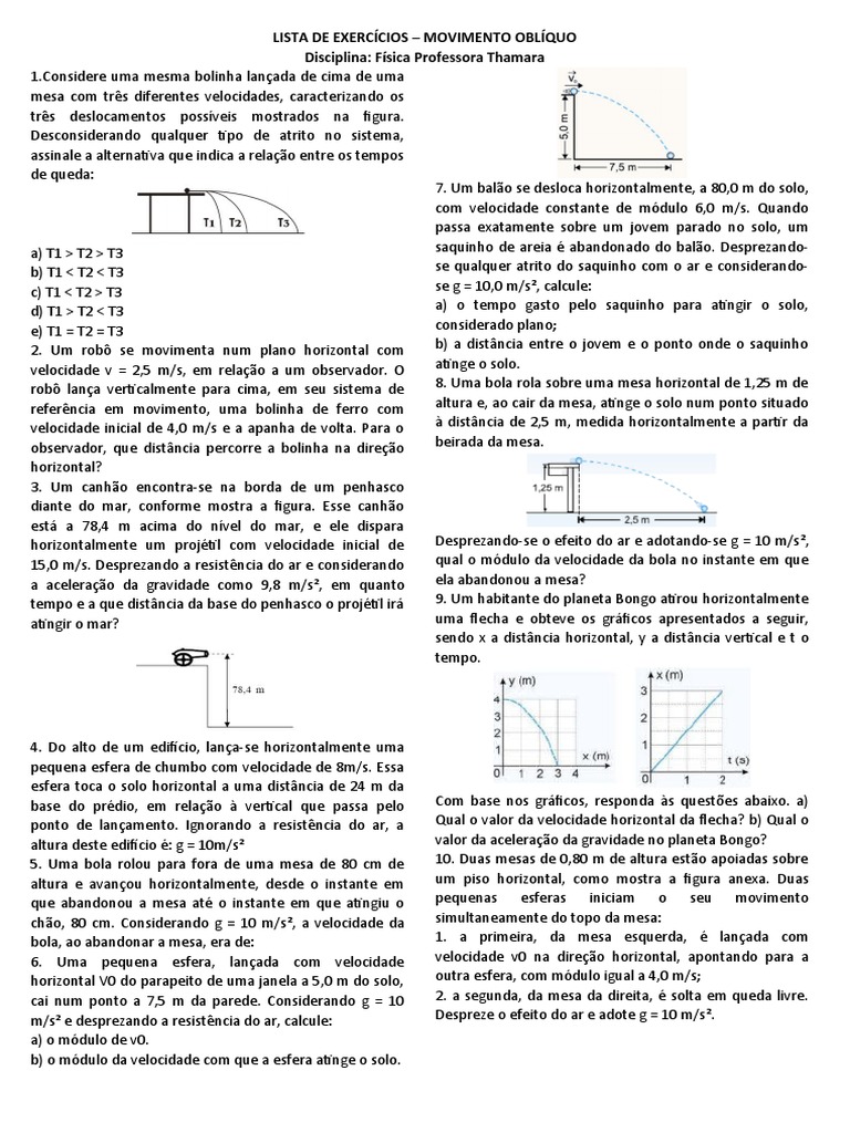 Lista de exercícios sobre movimento oblíquo e queda livre | PDF ...