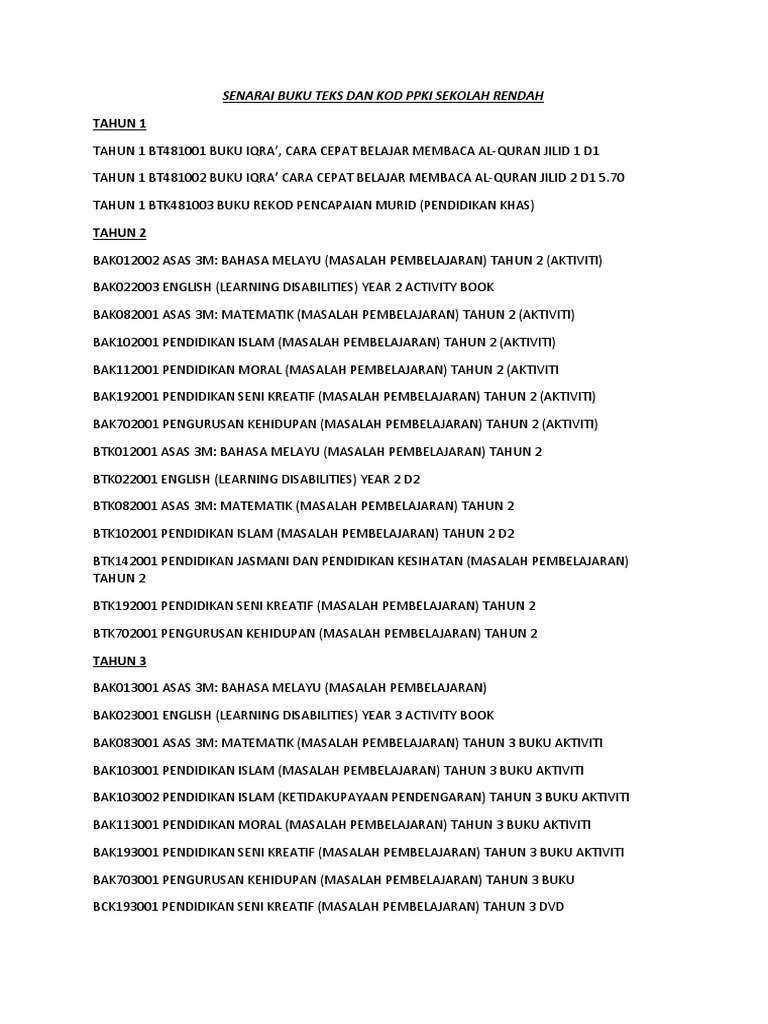 Senarai Buku Teks PPKI Sekolah Rendah | PDF