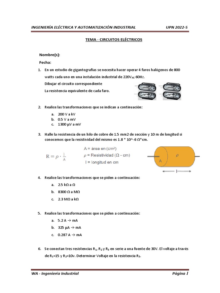 Sesión 01 - Ejercicios de Circuitos Eléctricos | PDF | Resistencia ...
