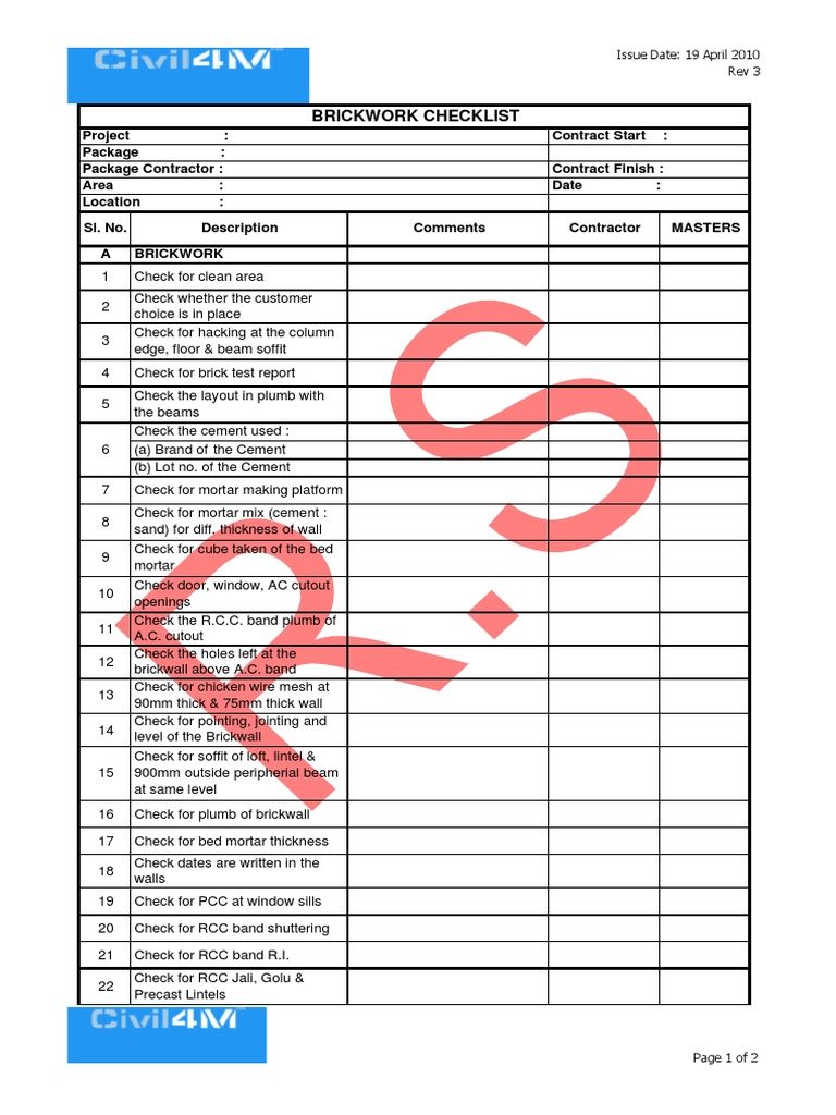 Brick Work Checklist - 220823 - 190858 | PDF | Brick | Building Materials