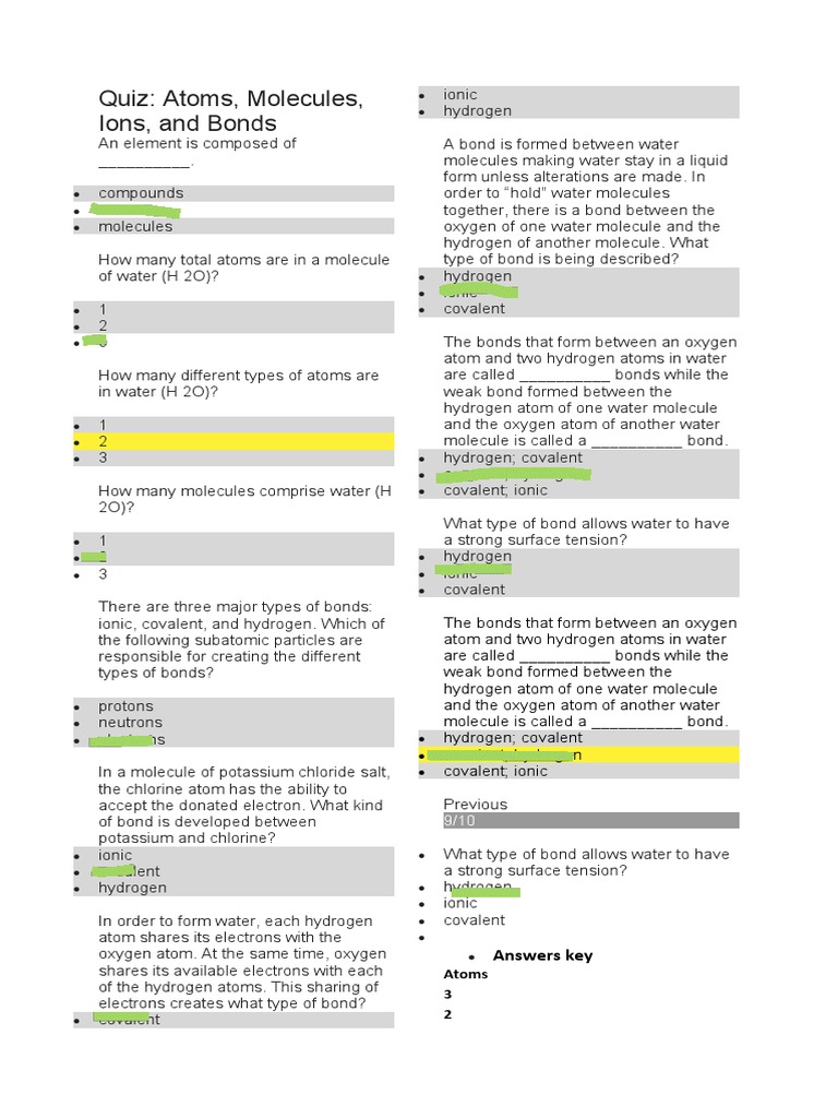 Quiz: Atoms, Molecules, Ions, and Bonds: Answers Key | PDF | Atoms ...
