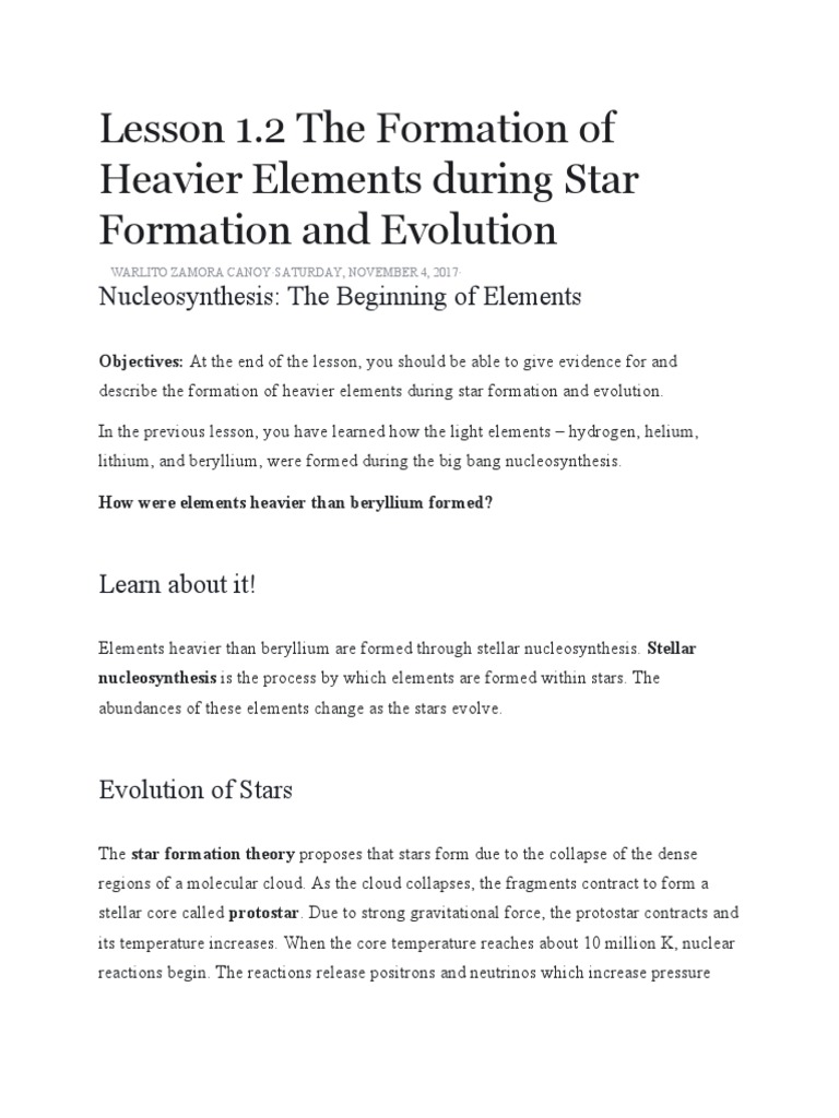 Lesson 1.2 The Formation of Heavier Elements During Star Formation and ...