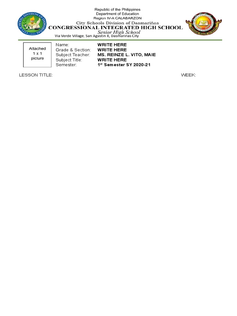 Name: Grade & Section: Subject Teacher: Subject Title: Semester: Lesson ...