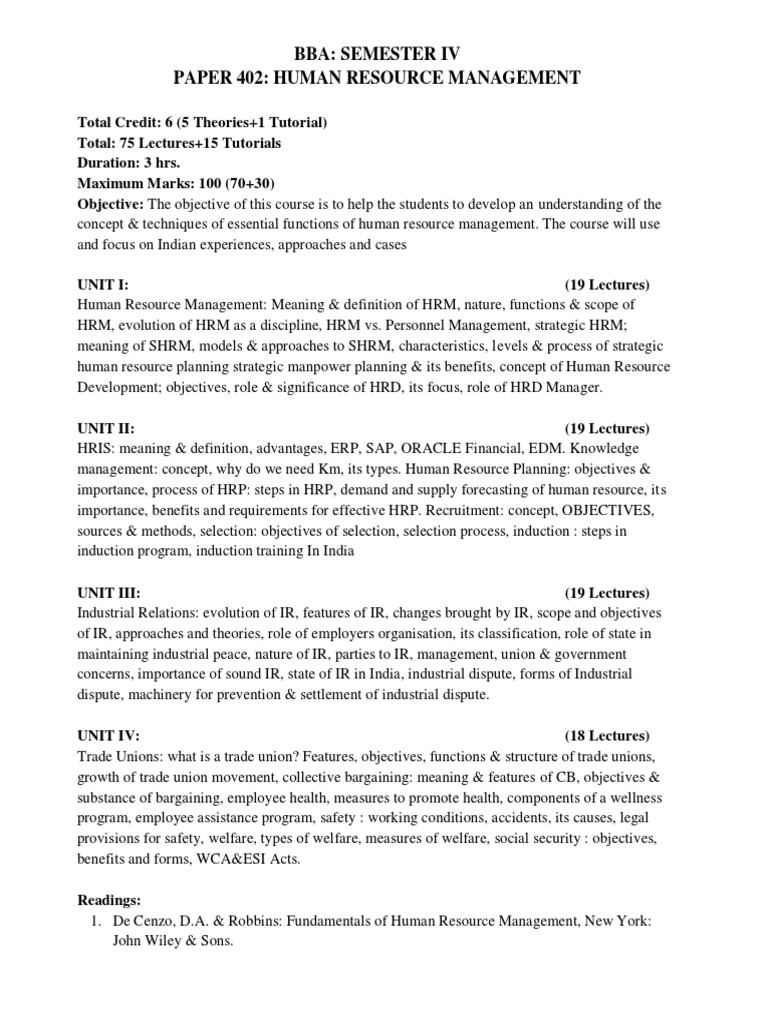 Bba: Semester Iv Paper 402: Human Resource Management | PDF | Human ...