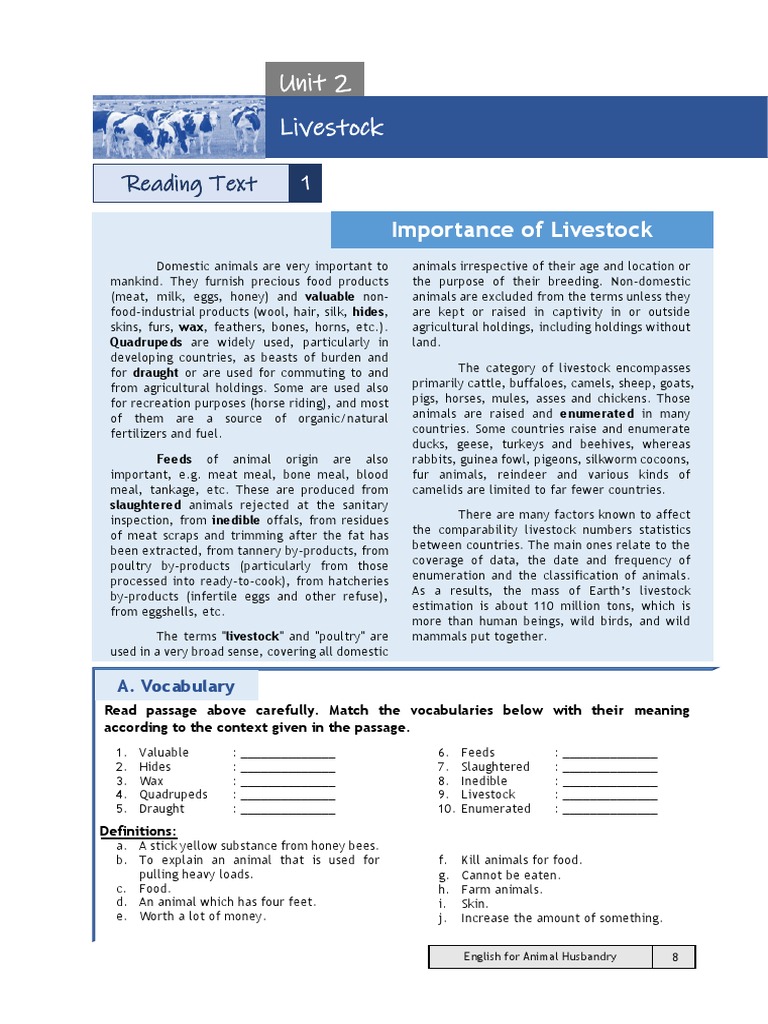 Unit 2 Livestock: Reading Text | PDF | Livestock | Animals And Humans