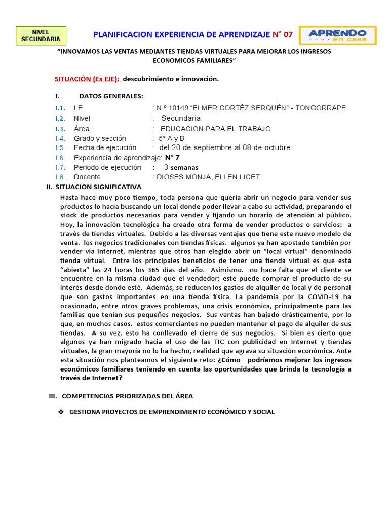 Planificacion Experiencia de Aprendizaje N 7 5° | PDF | Iniciativa empresarial | Aprendizaje